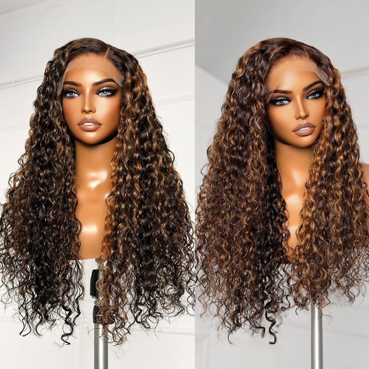 Brown Highlights Funmi Curly Glueless 5x5 Closure Lace Long Curly Wig ...